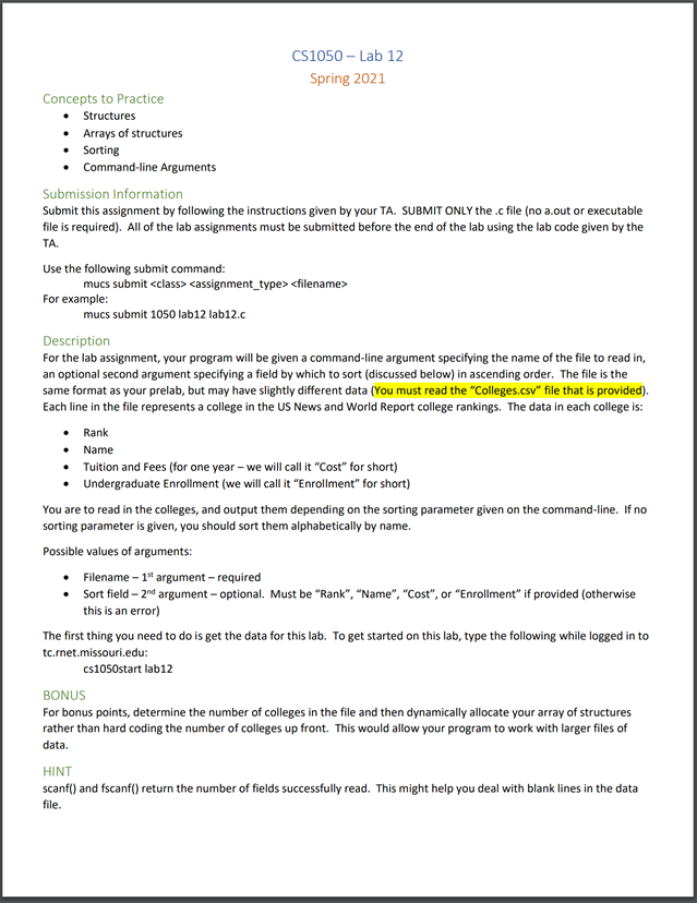 CS1050 - Lab 12 Spring 2021 Concepts to Practice • | Chegg.com
