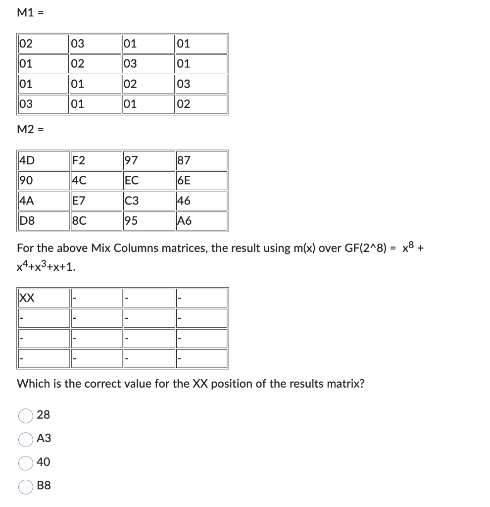 Solved M2= For the above Mix Columns matrices, the result | Chegg.com