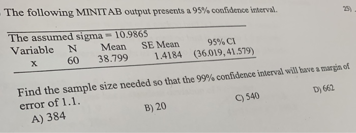 Solved The following MINITAB output presents a 95% | Chegg.com
