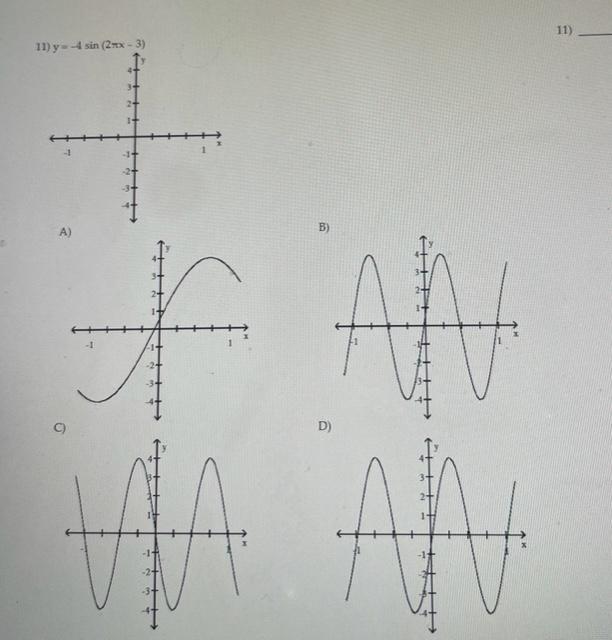 Solved y=−32sin(x+4π) Al11) A) B) C) D)Graph the function. | Chegg.com