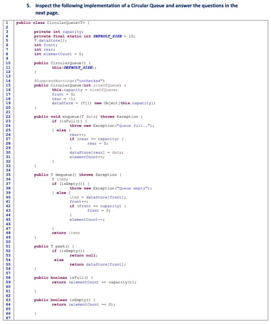 Solved 5. Inspect the following implementation of a Circular | Chegg.com