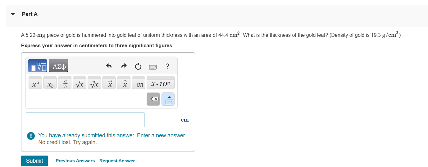Solved Part AA 5.22-mg ﻿piece of gold is hammered into gold | Chegg.com