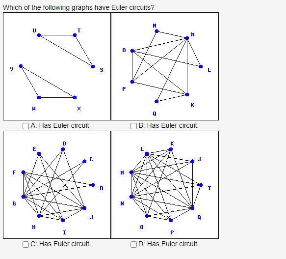 Solved Which of the following graphs have Euler circuits? A: | Chegg.com