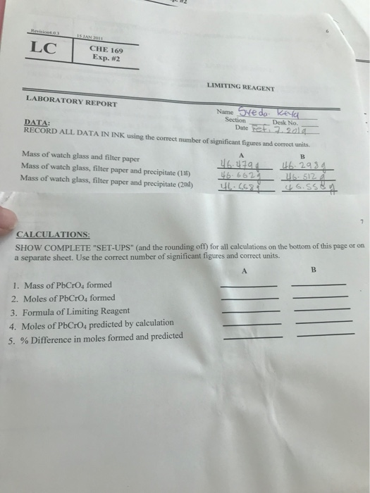 LC CHE 169 Exp. #2 LIMITING REAGENT LABORATORY REPORT | Chegg.com
