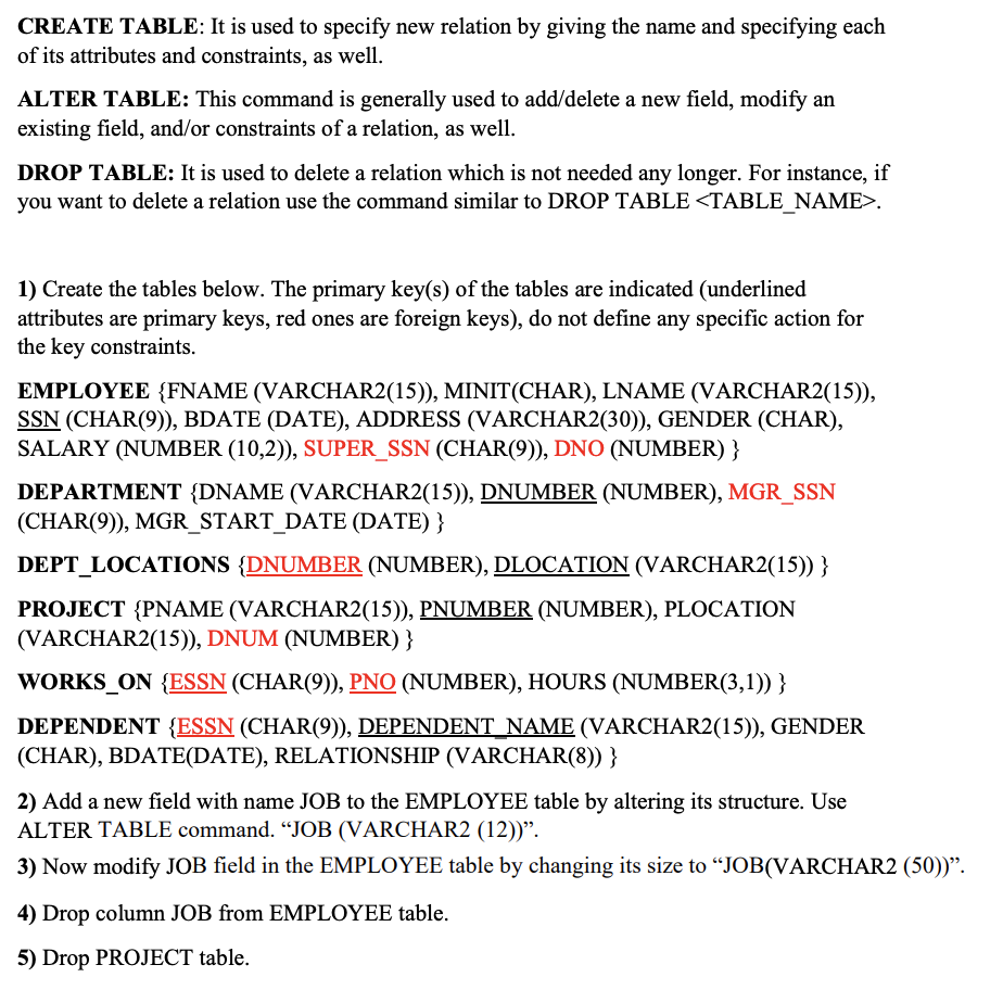 Solved CREATE TABLE: It is used to specify new relation by | Chegg.com