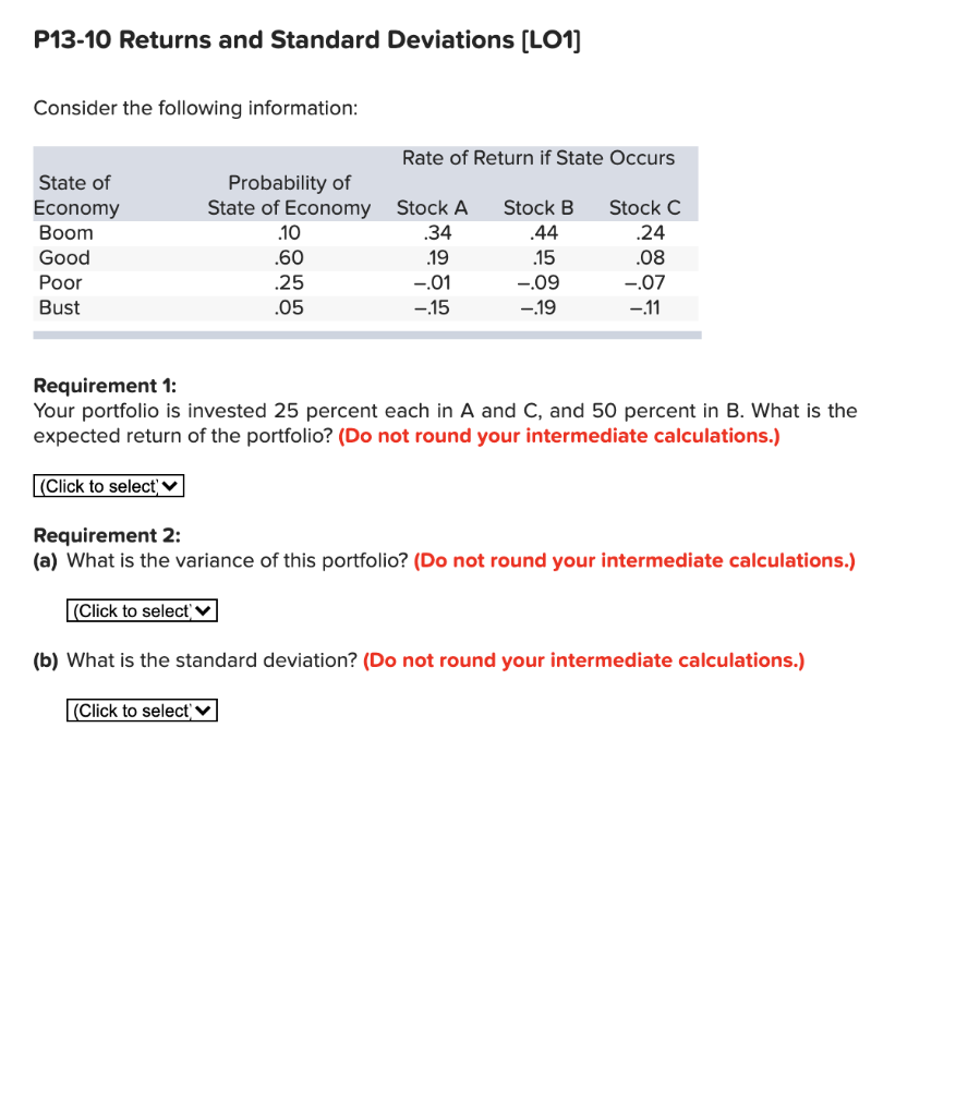 Solved P13-10 Returns and Standard Deviations (LOI) Consider | Chegg.com