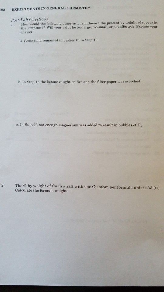 Solved EXPERIMENTS IN GENERAL CHEMISTRY 102 Post-Lab | Chegg.com