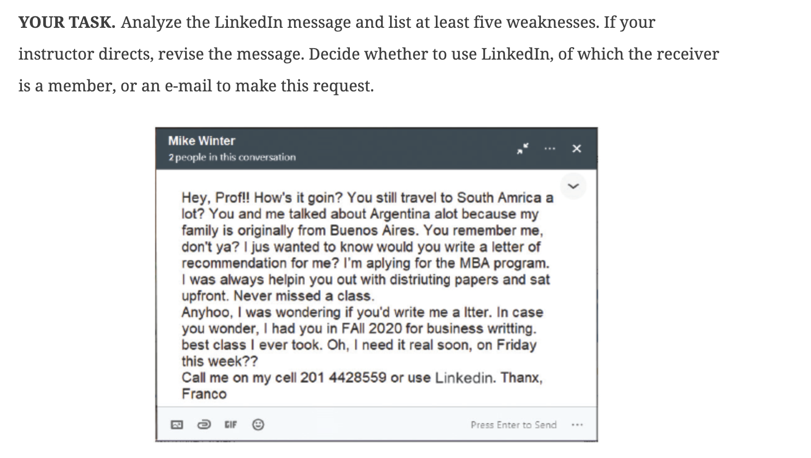 Solved YOUR TASK. Analyze the LinkedIn message and list at | Chegg.com
