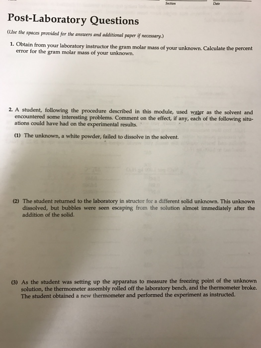 Section Post-Laboratory Questions (use the spaces | Chegg.com