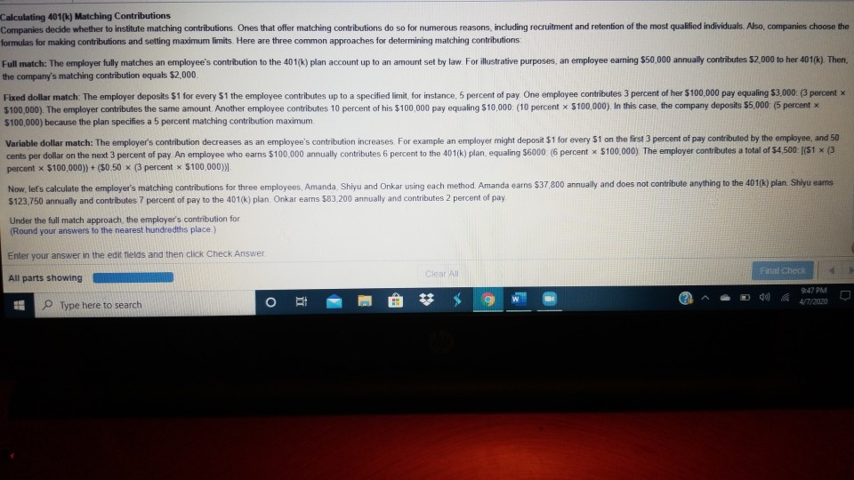 Calculating 401(k) Matching Contributions Companies | Chegg.com