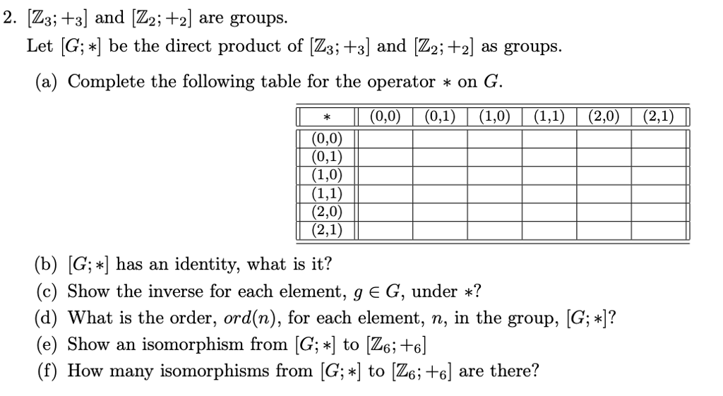 Solved 2. [Z3; +3] and [Z2 +2] are groups. Let [G;*] be the | Chegg.com