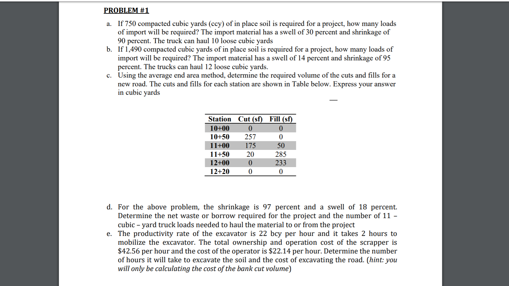 Solved PROBLEM #1 a. If 750 compacted cubic yards (ccy) of | Chegg.com