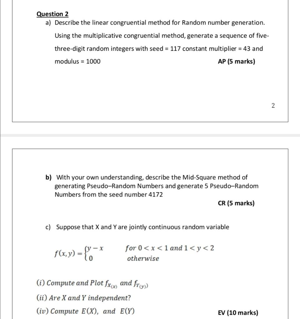Solved Question 2 a) Describe the linear congruential method | Chegg.com