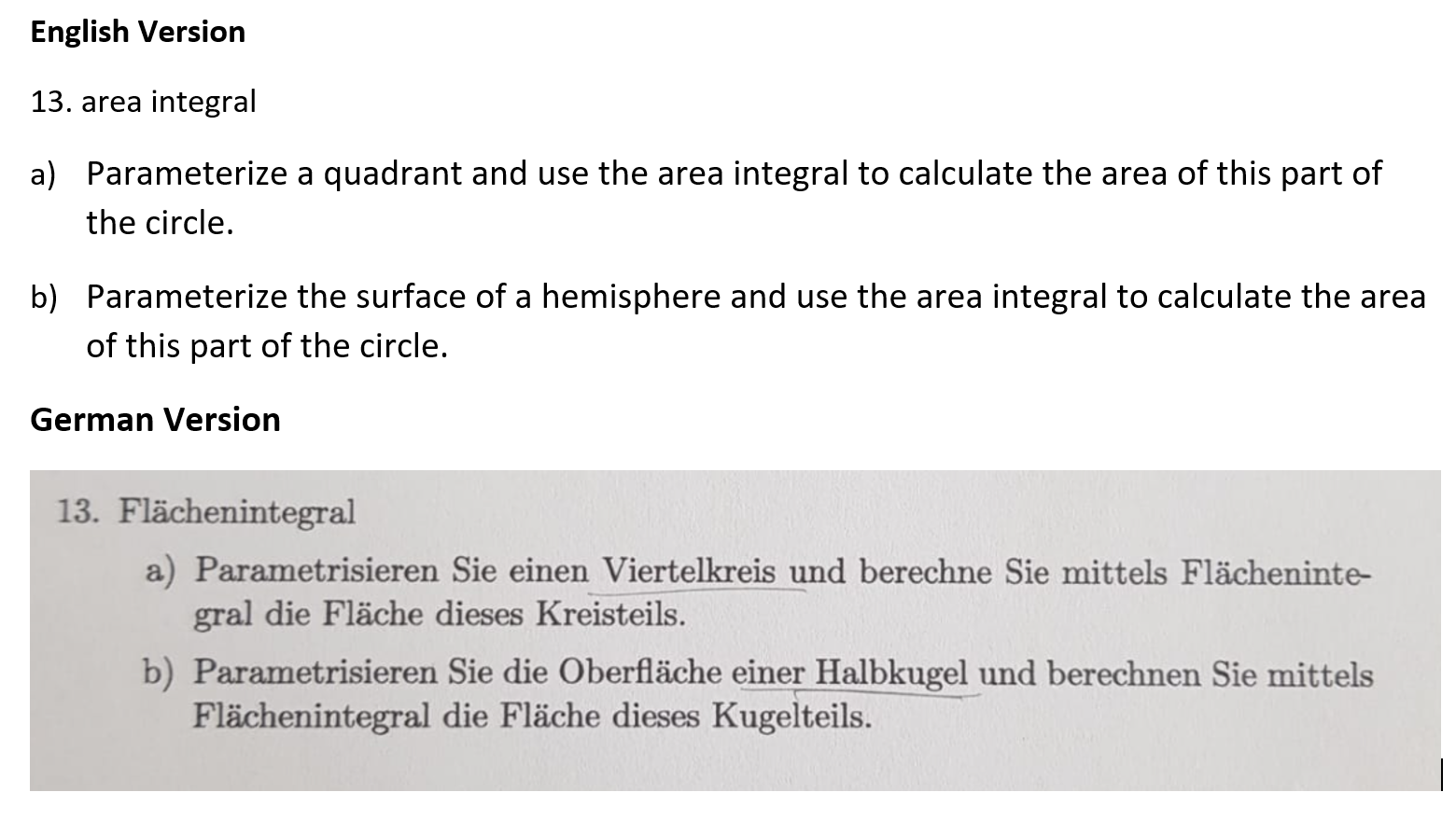 Solved English Version 13. area integral a) Parameterize a | Chegg.com