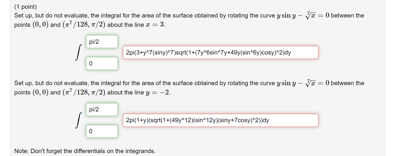 Solved (1 point) Set up, but do not evaluate, the integral | Chegg.com