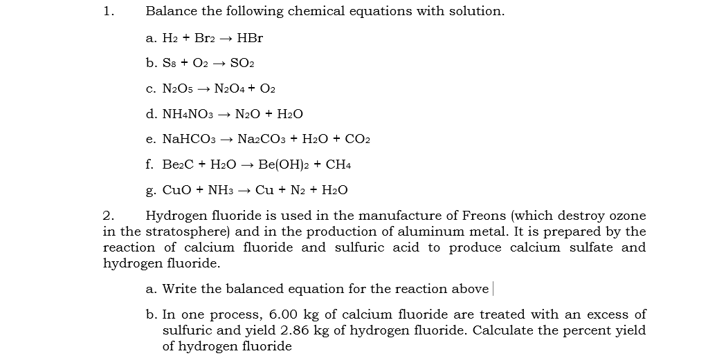 Solved 1. Balance the following chemical equations with | Chegg.com