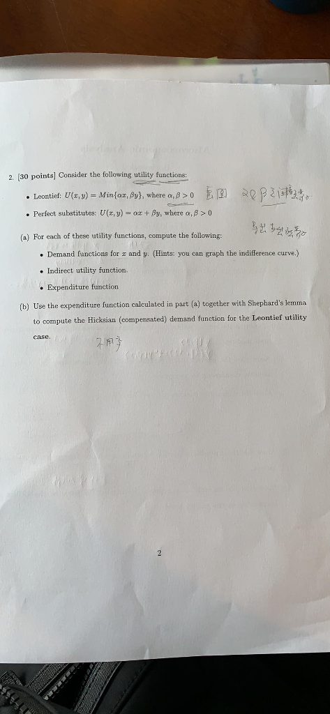 Solved 2. [30 points] Consider the following utility | Chegg.com