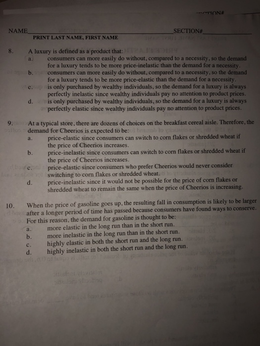 Solved PRINT LAST NAME, FIRST NAME SECTION# PRICE ELASTICITY | Chegg.com