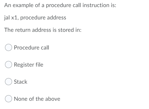 Solved An example of a procedure call instruction is: jal | Chegg.com