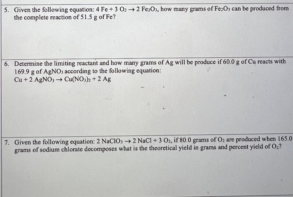 Solved 5 Given The Following Equation 4fe 3o2→2fe2o3 How