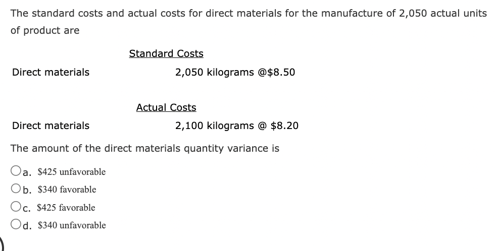 Solved The standard costs and actual costs for direct | Chegg.com