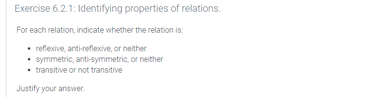 Solved Exercise 6.2.1: Identifying properties of relations. | Chegg.com