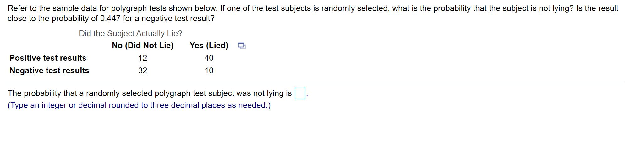 Solved Refer to the sample data for polygraph tests shown | Chegg.com