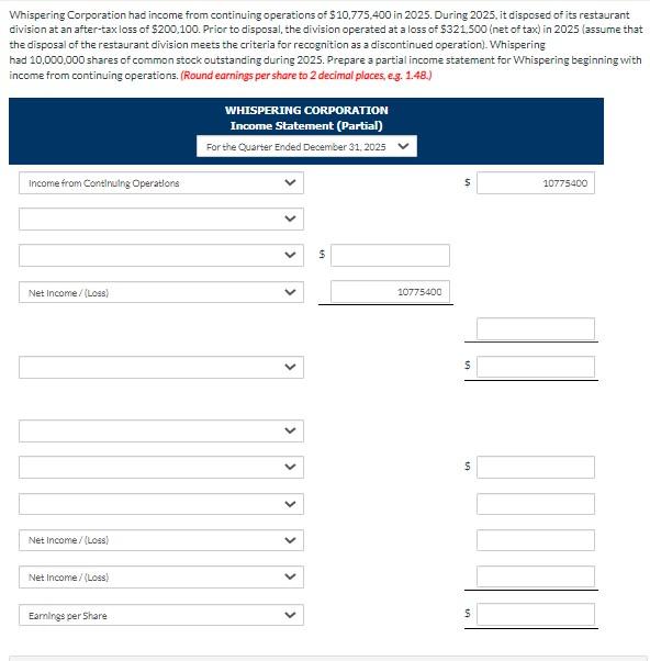 Solved Whispering Corporation had income from continuing | Chegg.com