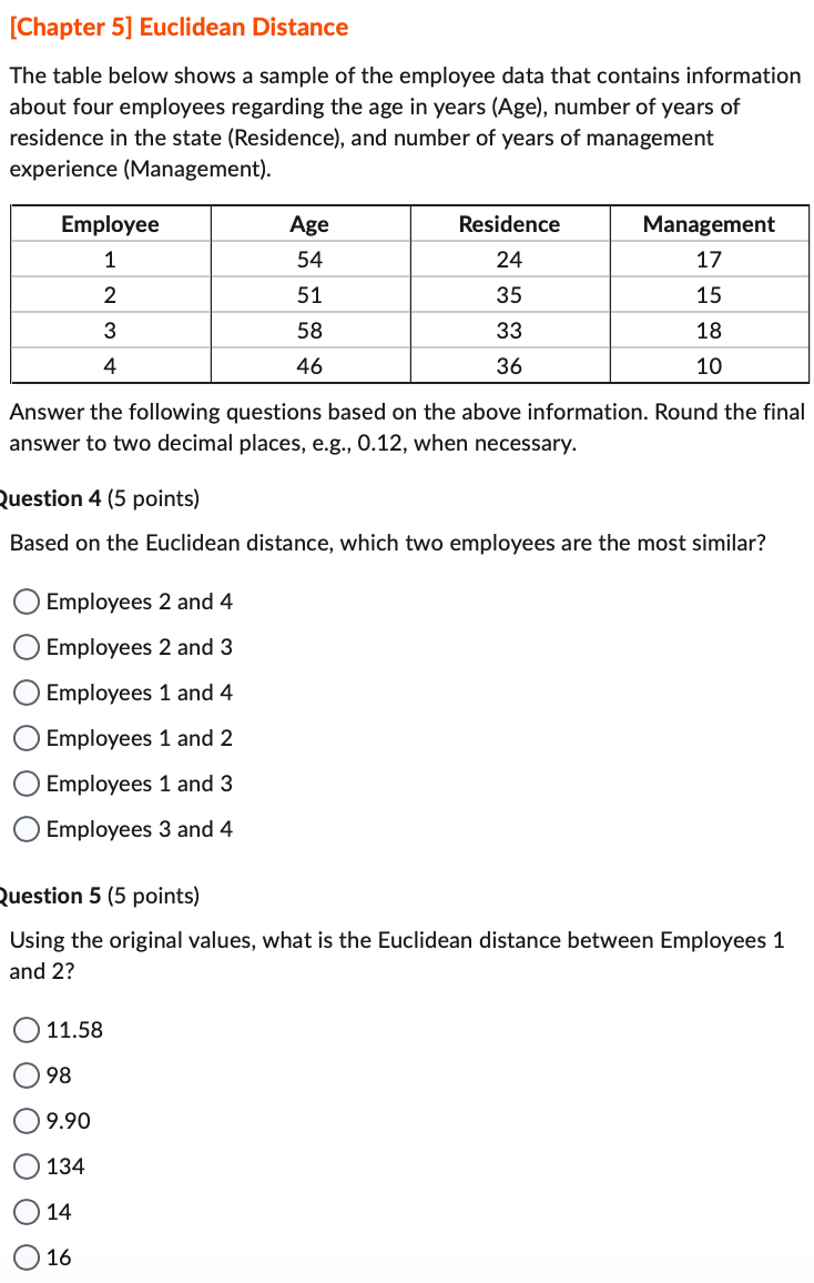 Solved [Chapter 5] Euclidean Distance The table below shows | Chegg.com