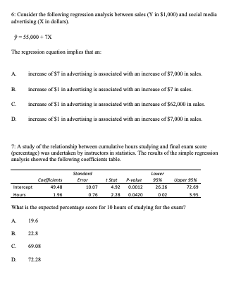 Solved 6: Consider the following regression analysis between | Chegg.com