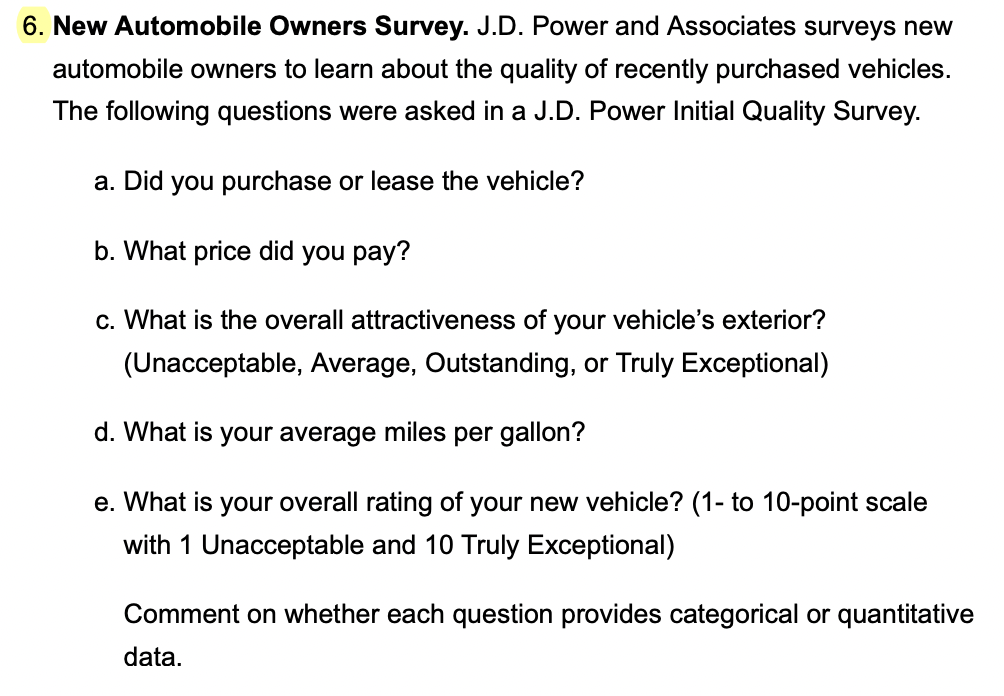 Solved New Automobile Owners Survey. J.D. ﻿Power and | Chegg.com