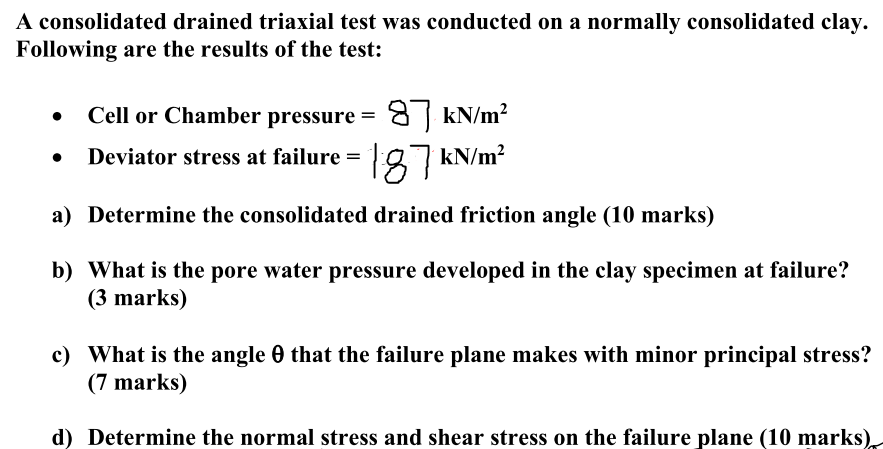 Solved A consolidated drained triaxial test was conducted on | Chegg.com