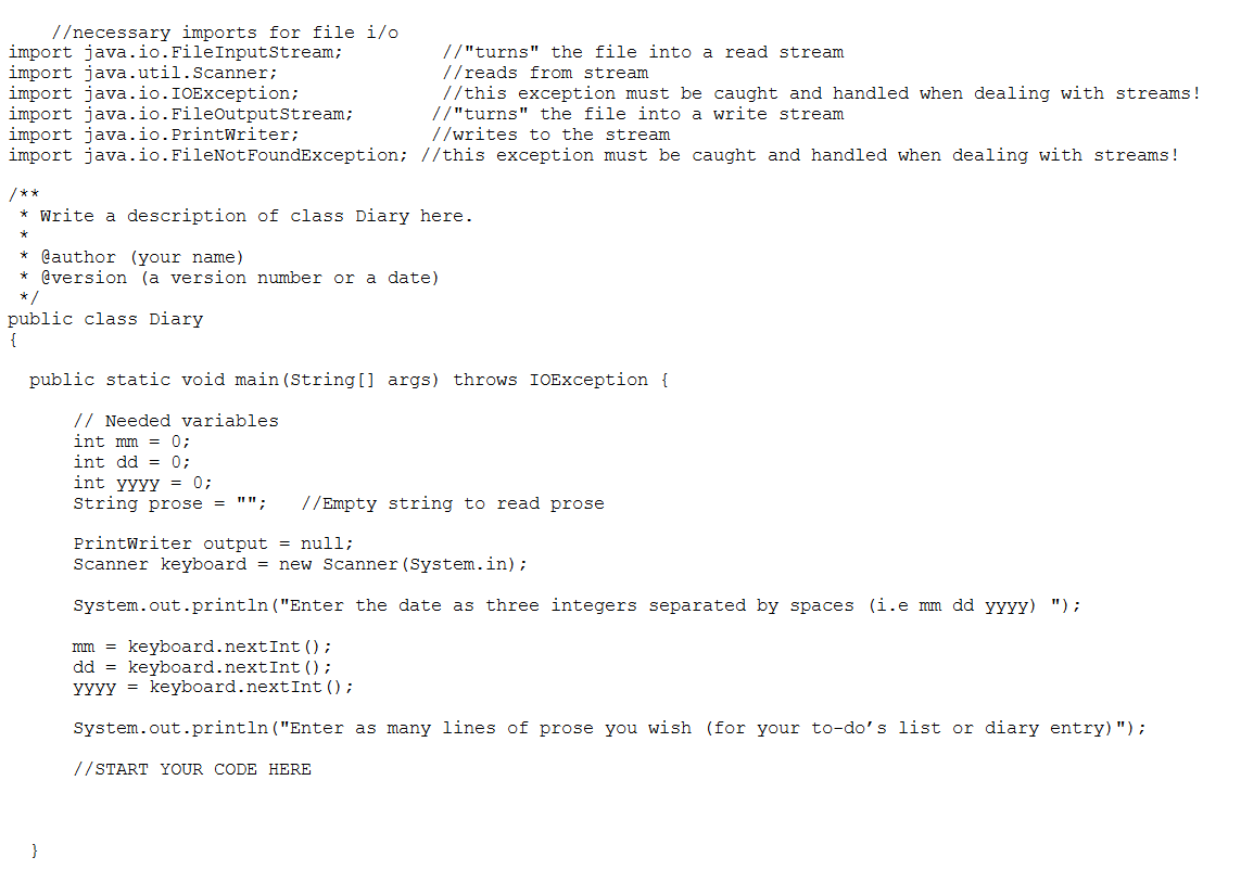 Solved IN JAVA In a class called Diary (template is | Chegg.com