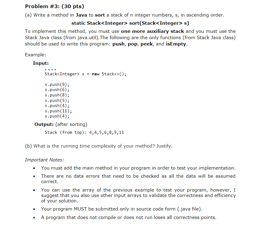 Solved Problem #3: (30 pts) (a) Write a method in Java to | Chegg.com