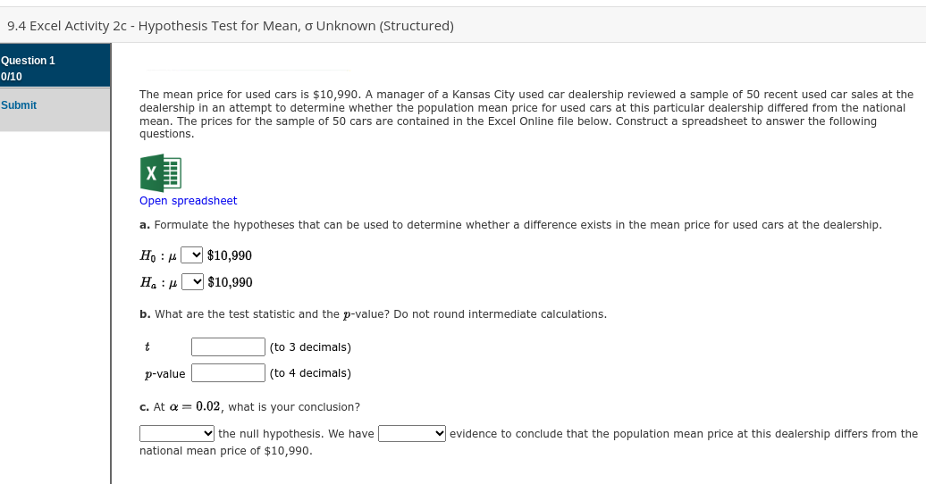 9.4 Excel Activity 2c - Hypothesis Test for Mean, σ | Chegg.com