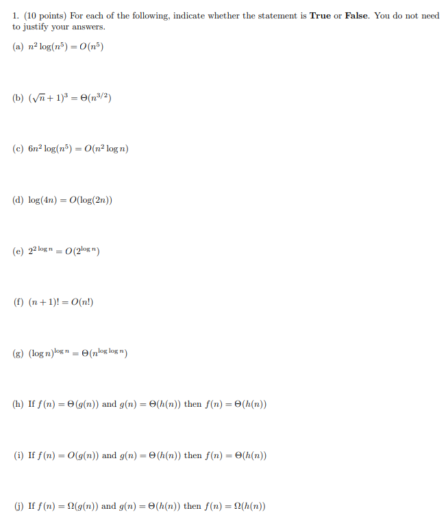 Solved 1. (10 points) For each of the following, indicate | Chegg.com