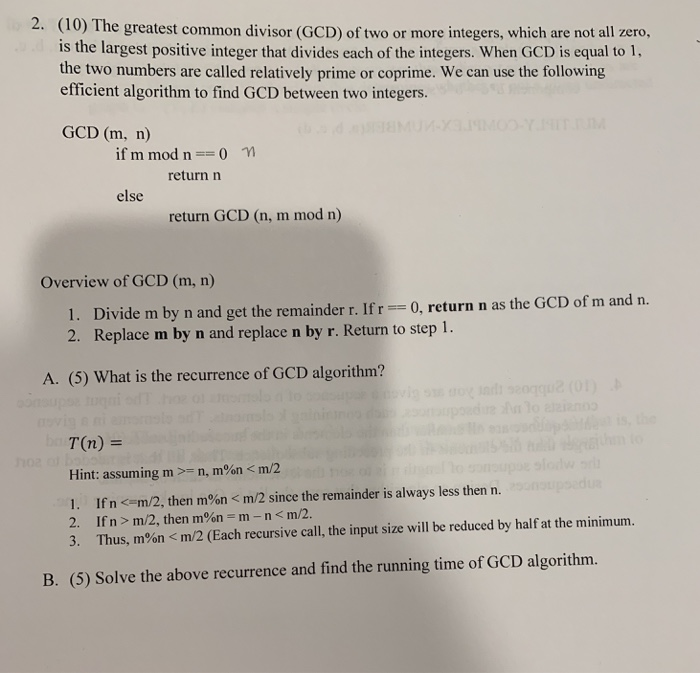 Solved 2. (10) Th e greatest common divisor (GCD) of two or | Chegg.com