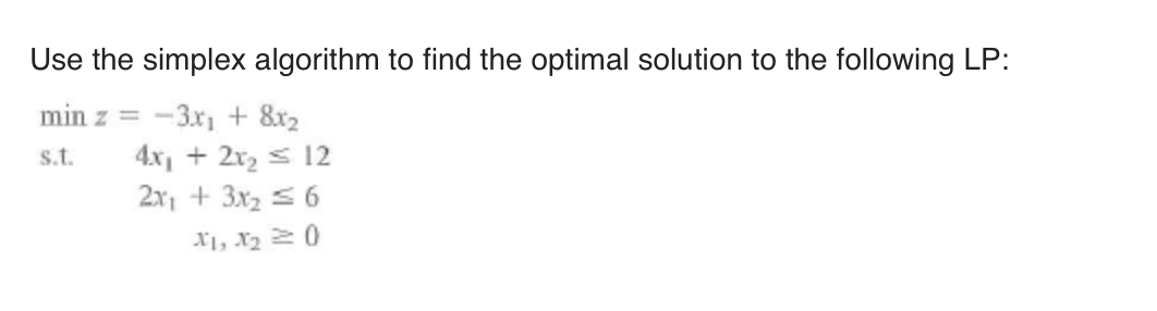 Solved min z = Use the simplex algorithm to find the optimal | Chegg.com