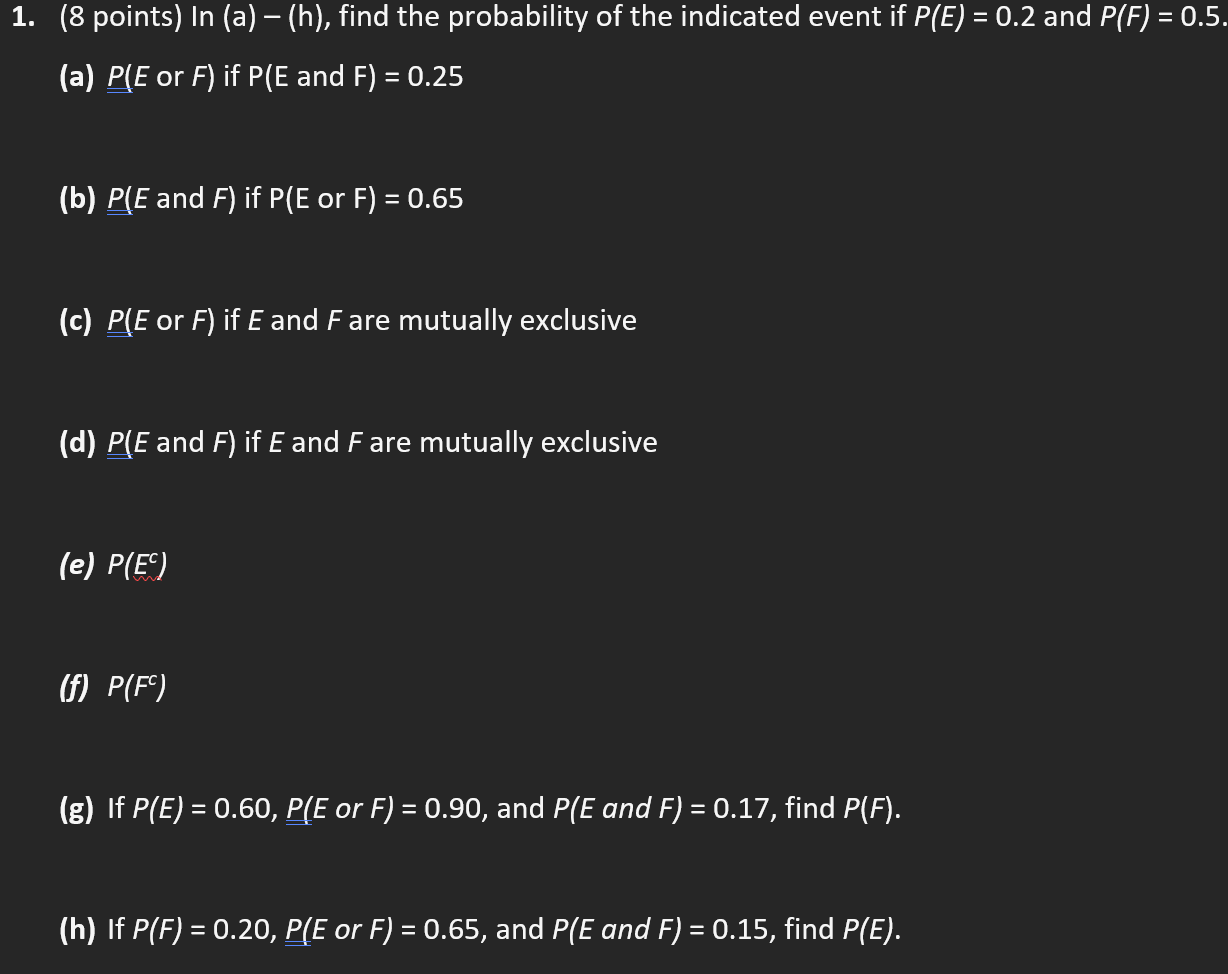 Solved 1. (8 points) In (a)−(h), find the probability of the | Chegg.com