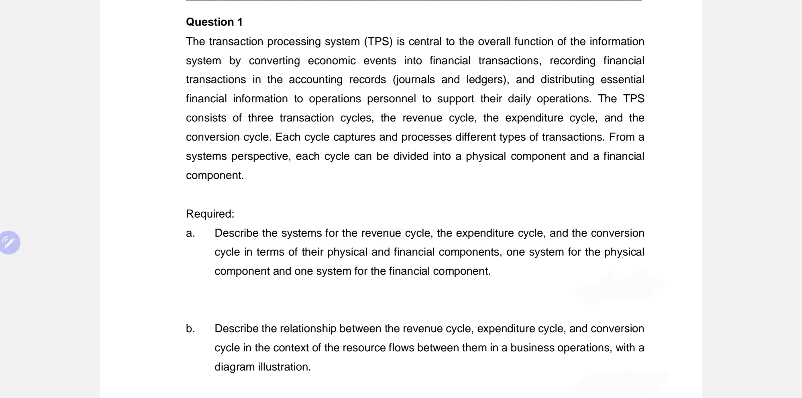 Solved Question 1The transaction processing system (TPS) ﻿is | Chegg.com