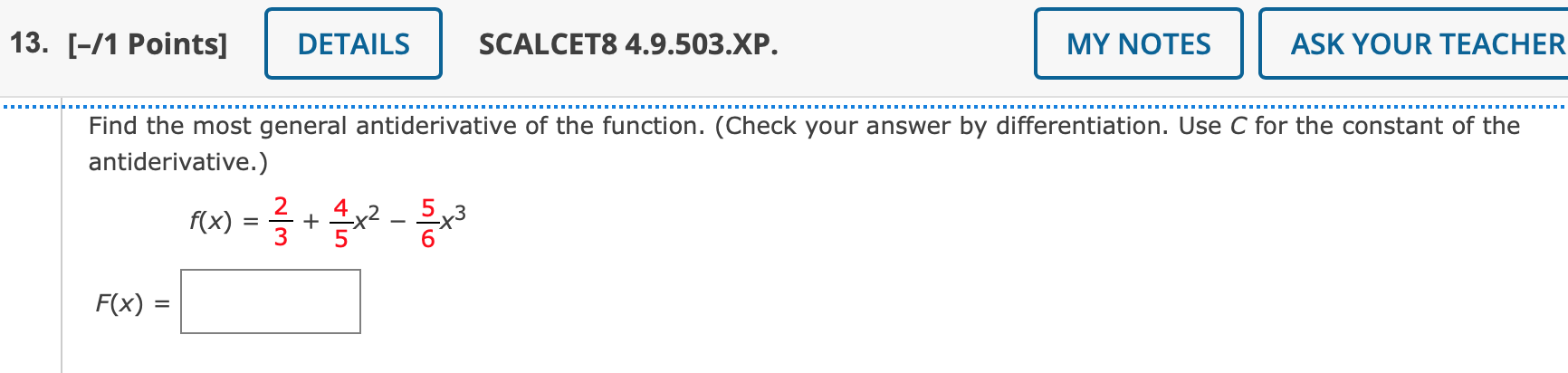 Solved 13. [-/1 Points] SCALCET8 4.9.503.XP. Find the most | Chegg.com