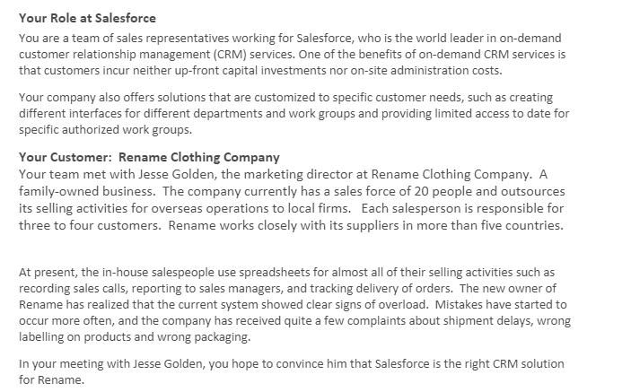 Solved Your Role at Salesforce You are a team of sales | Chegg.com