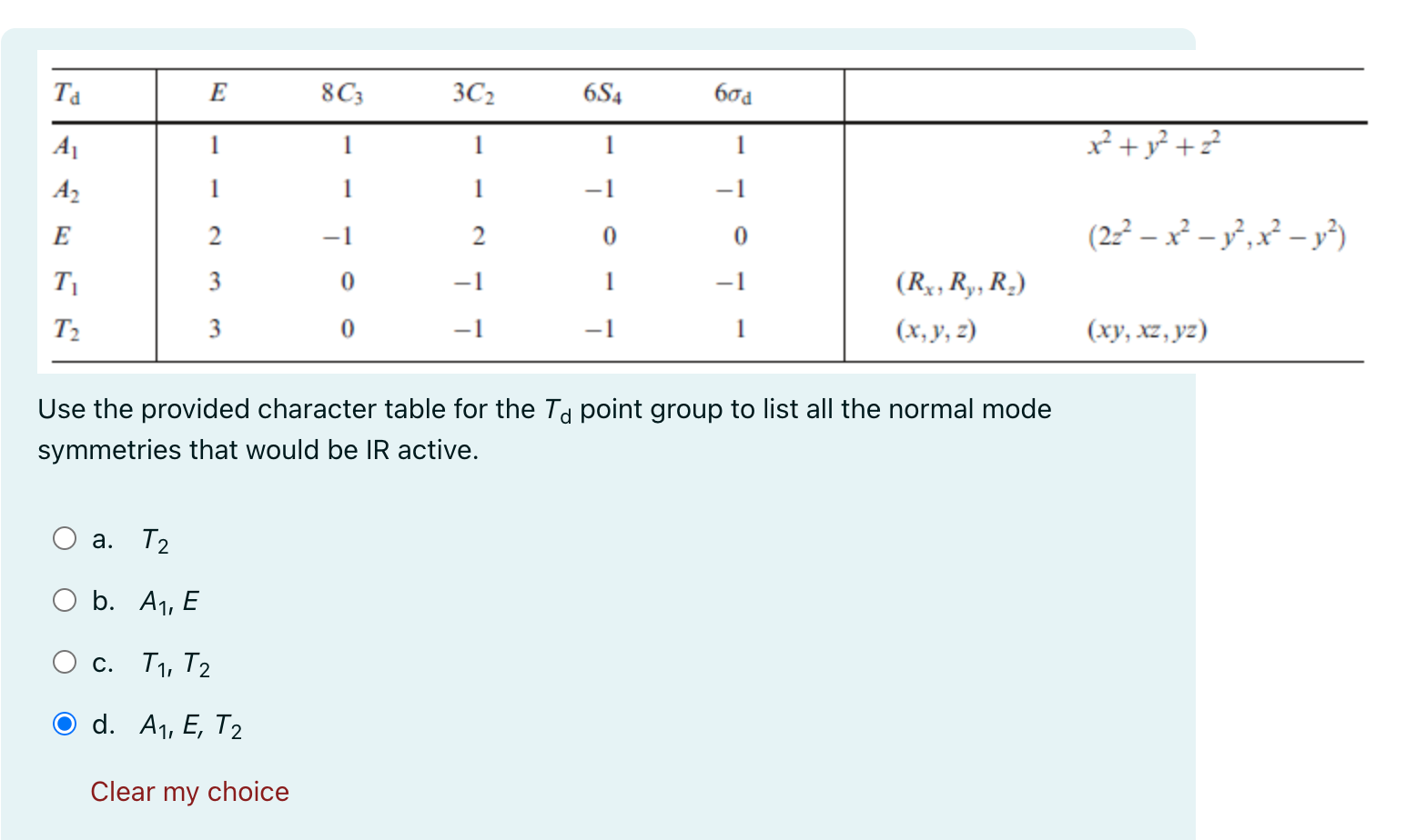 Solved Use the provided character table for the Td point | Chegg.com