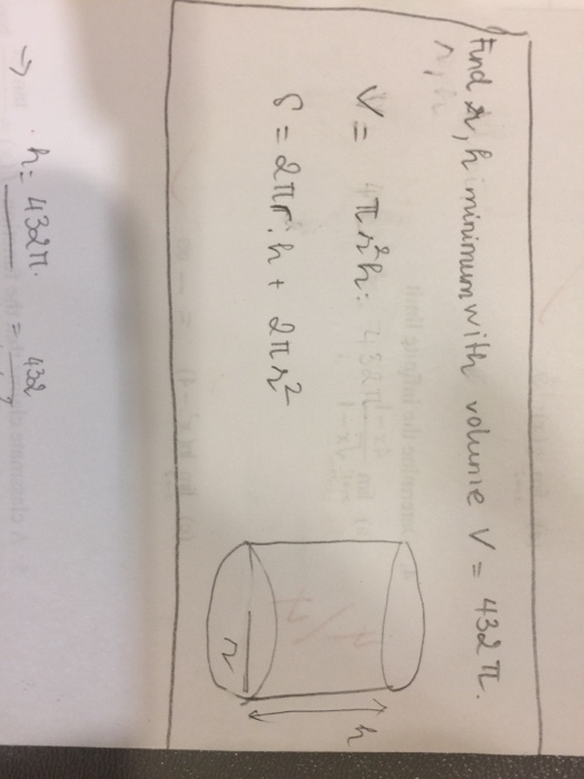 Solved Find v, h minimum with volume v = 432 iL. v = L pi^2 | Chegg.com