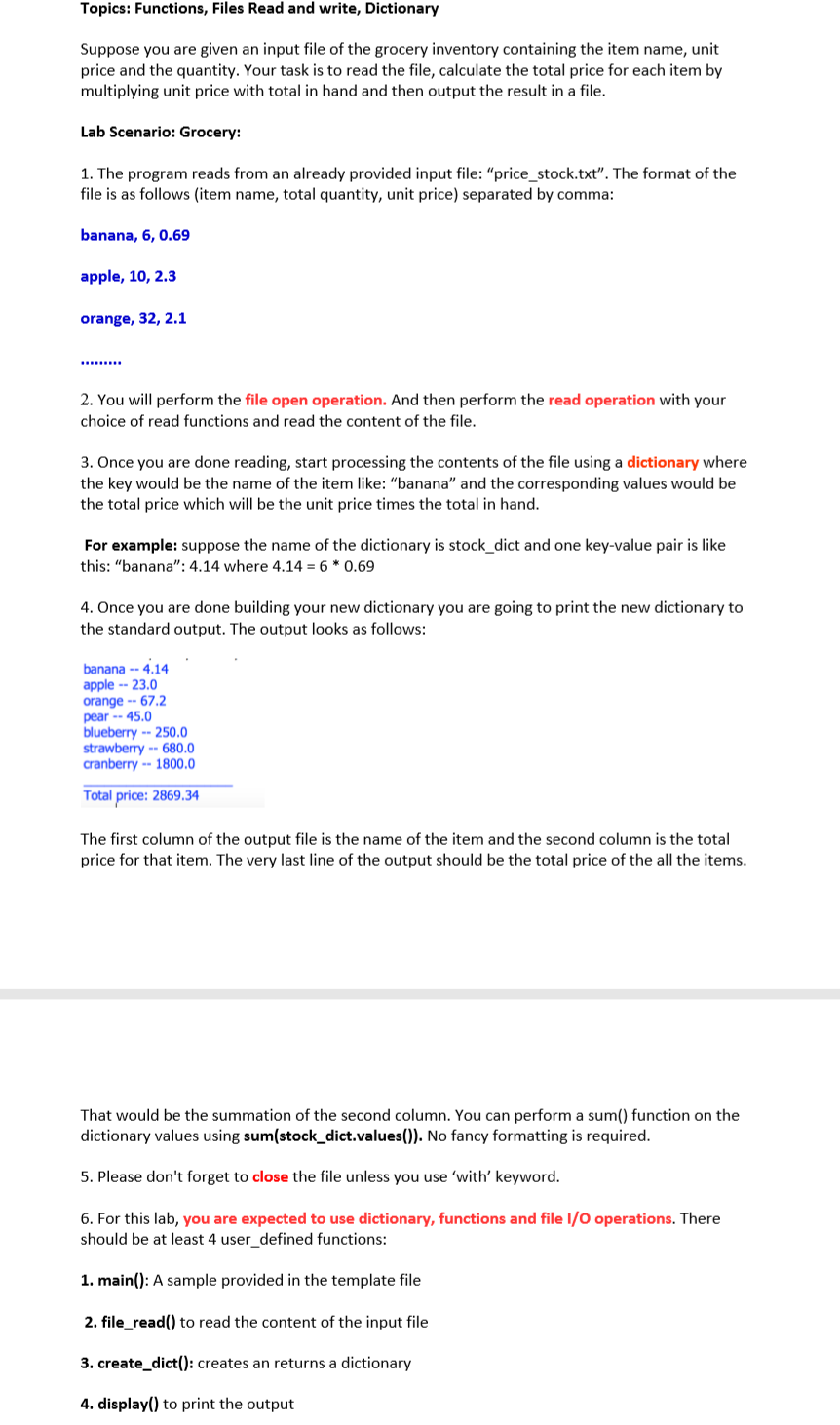 Solved Topics: Functions, Files Read and write, Dictionary | Chegg.com