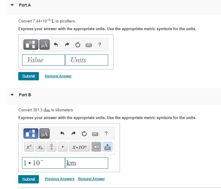 Solved Convert 7.44×10−5 L to picoliters. Express your | Chegg.com