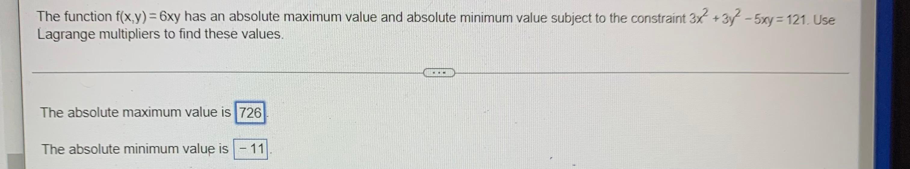Solved The function f(x,y) = 6xy has an absolute maximum | Chegg.com