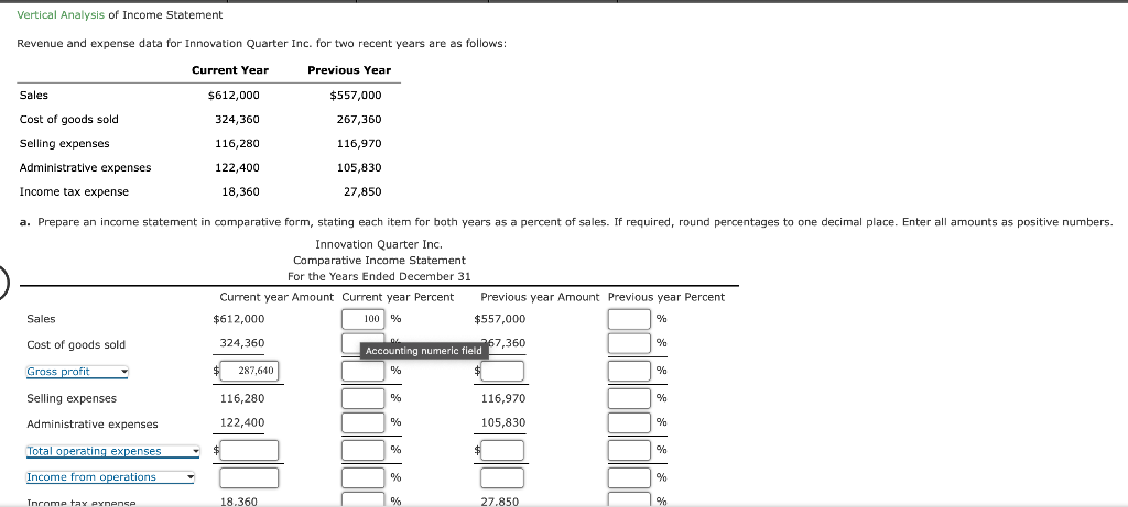 Solved Vertical Analysis of Income Statement Revenue and | Chegg.com