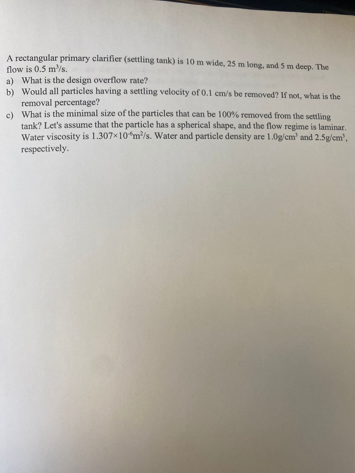 Solved A rectangular primary clarifier (settling tank) is 10 | Chegg.com