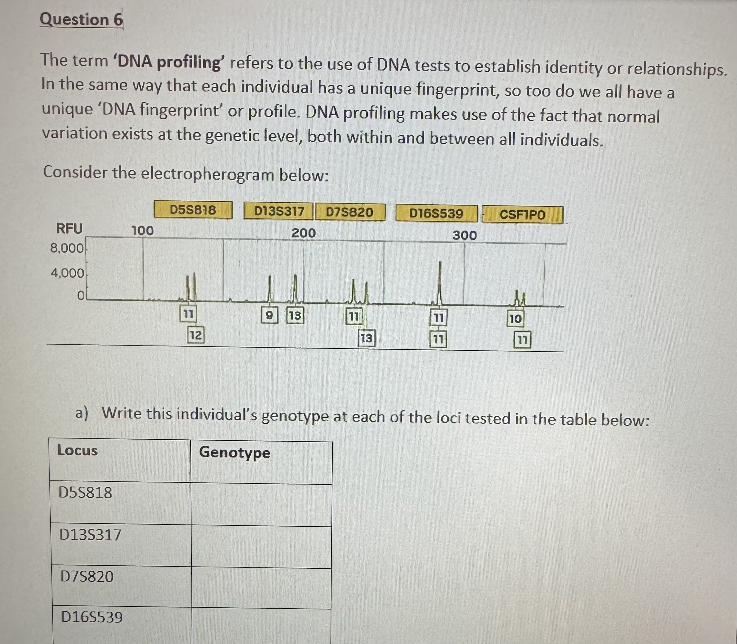 Solved Question 6The term 'DNA profiling' refers to the use | Chegg.com